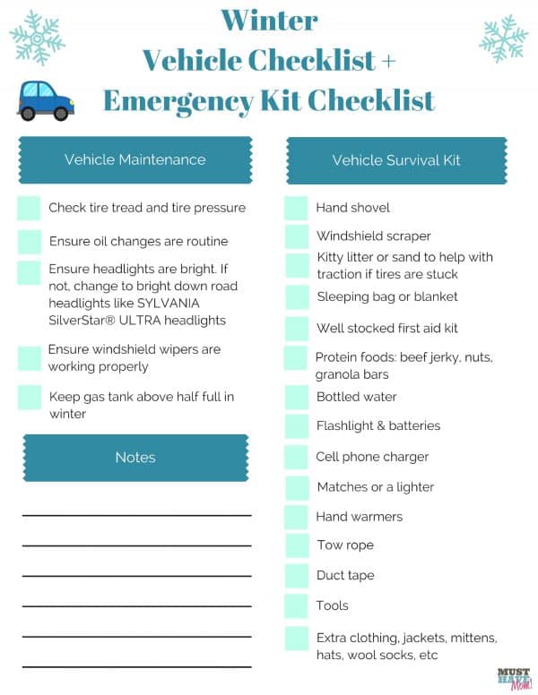 Free Winter Vehicle Checklist & Emergency Kit Checklist