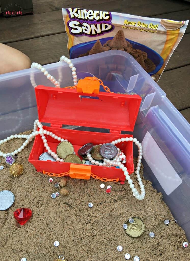 Pirate Treasure Hunt Sensory Bin with Kinetic Sand! - Must Have Mom