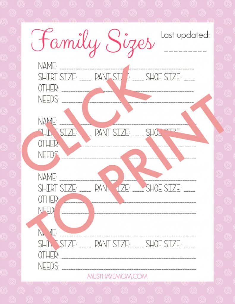 Free Printable Family Clothing Sizes List - Must Have Mom