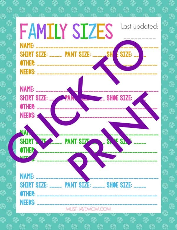 Free Printable Family Clothing Sizes List - Must Have Mom