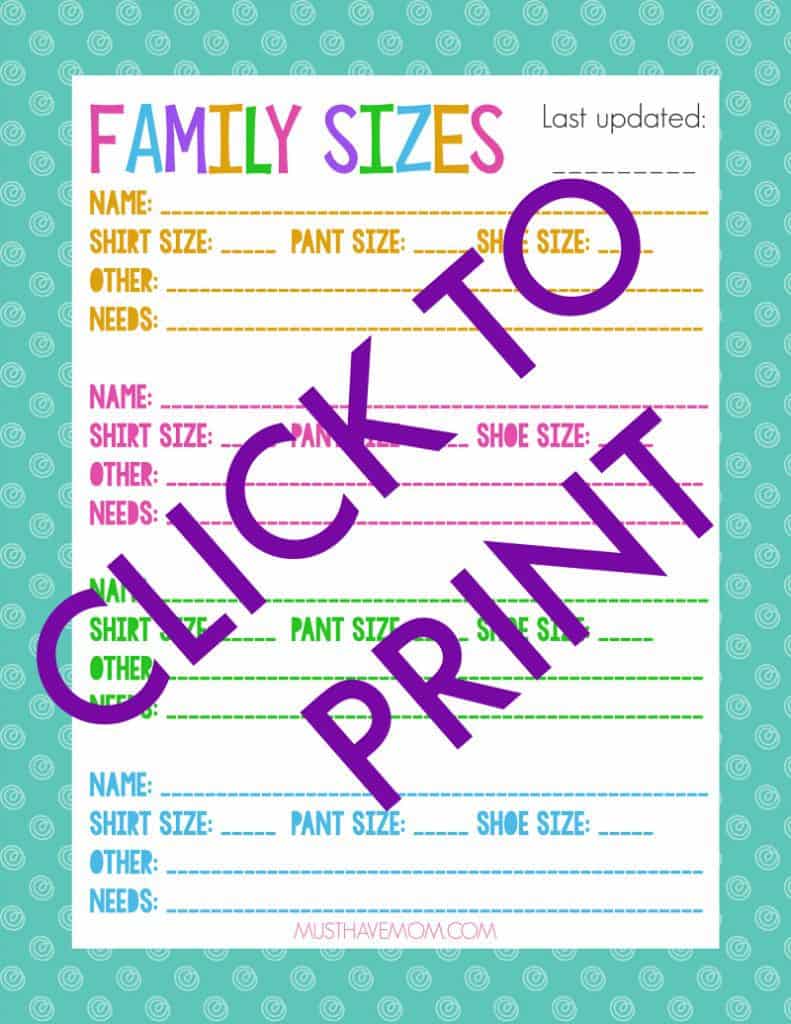Free Printable Family Clothing Sizes List - Must Have Mom